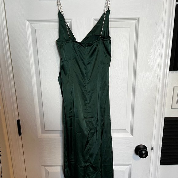 Commense | Dresses | Commense Green Satin Dress With Faux Pearl Staps ...